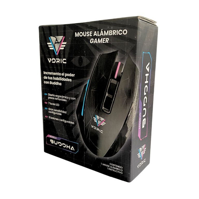 Mouse gamer Buddha by Voric con luz led y pesas removibles - En un click